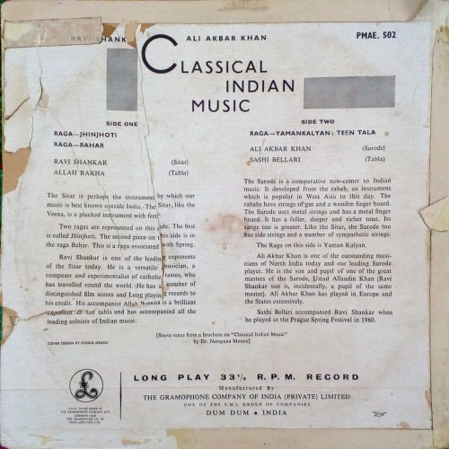 Ravi Shankar & Ali Akbar Khan - Classical Indian Music - PMAE 502 LP Vinyl Record Sarod Ali ...